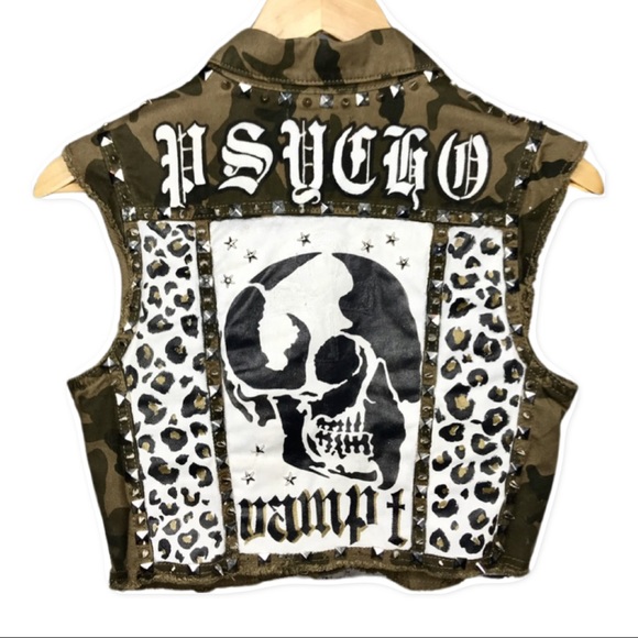 vamptbypaloma | Jackets & Coats | Custom Vamptbypaloma Psycho Camo Vest Skull Studs Studded Sz S ...